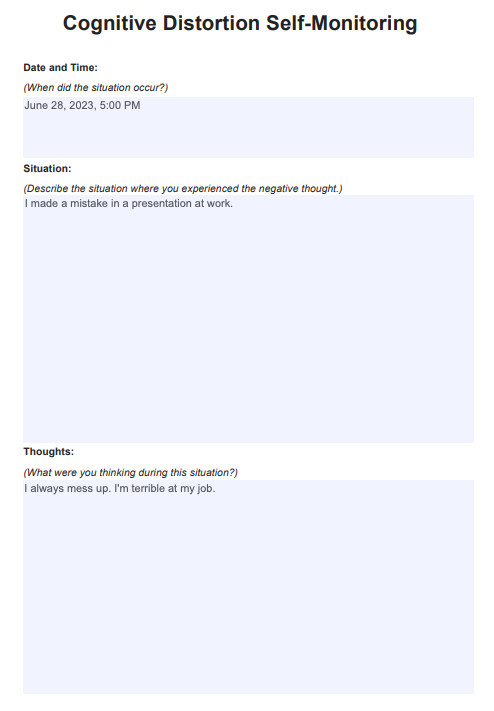 David Burns Cognitive Distortions Worksheet